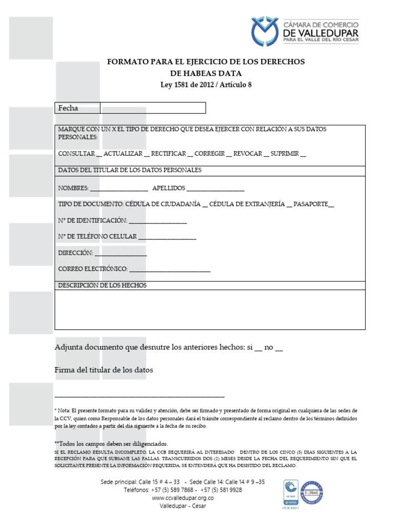 Formato para El Ejercicio de Los Derechos de Habeas Data | PDF
