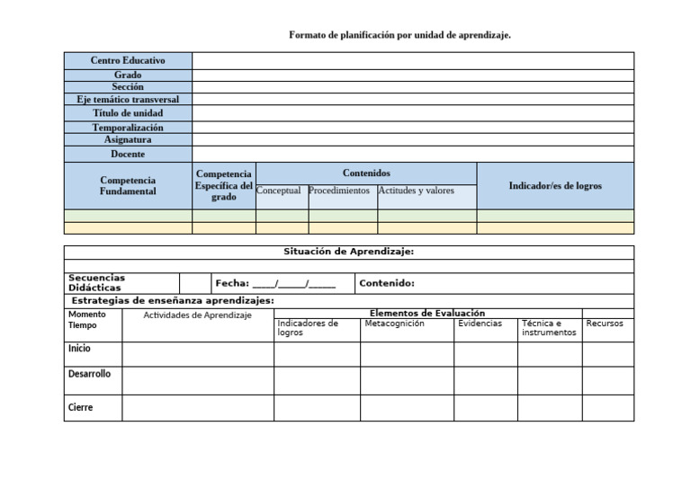 Formato de Planificación Por Unidad de Aprendizaje | PDF