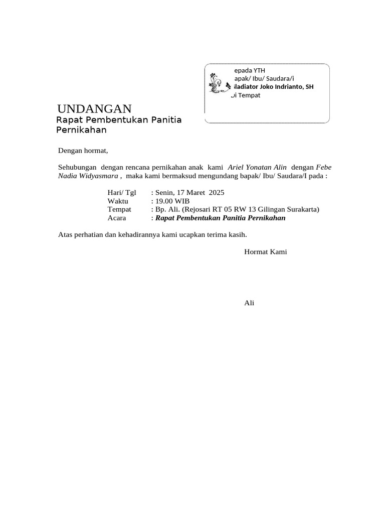 Undangan Rapat Panitia Pernikahan | PDF