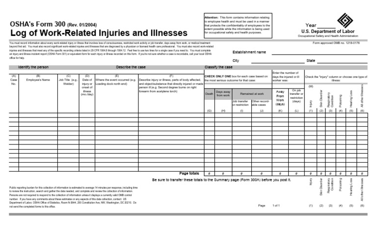 OSHA Work-Related Injury Log Form | PDF | Occupational Safety And ...