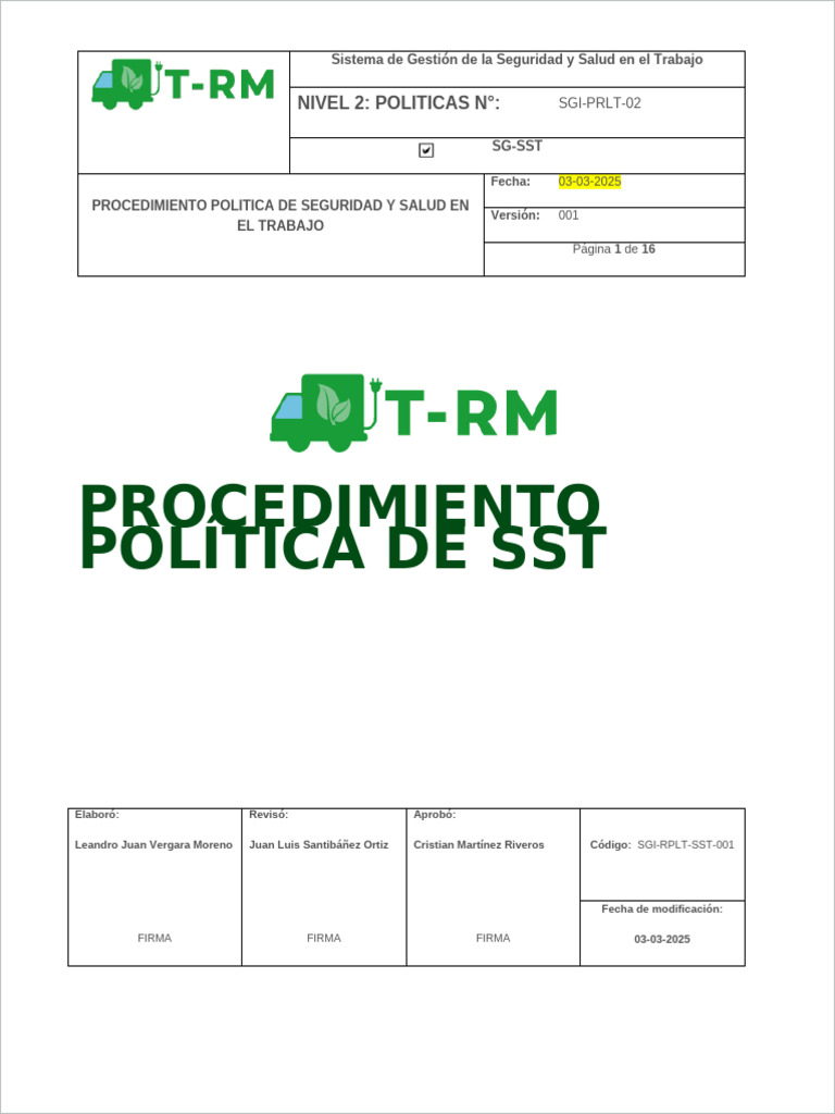Procedimiento-politica-de-sst- TRM | PDF | Invalidez