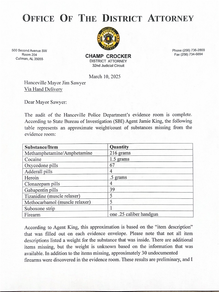 Hanceville PD Evidence Room Audit From Cullman County DA Champ Crocker ...