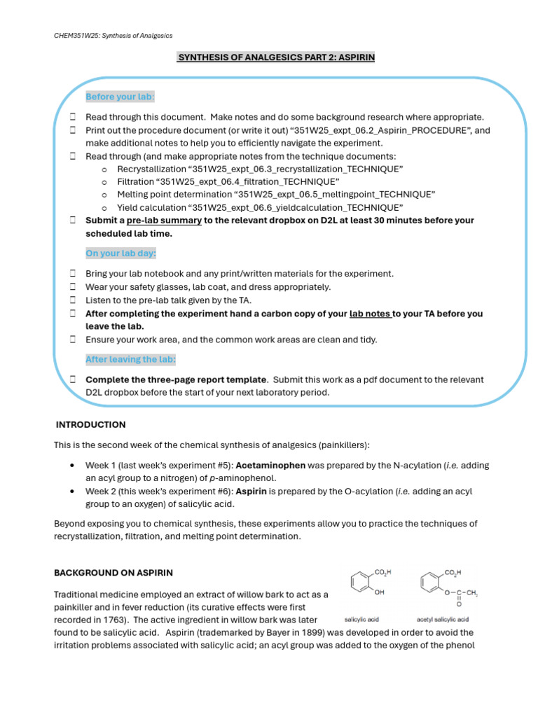 351W25 Expt 06.1 Analgesics Aspirin Introduction | PDF | Aspirin | Acid