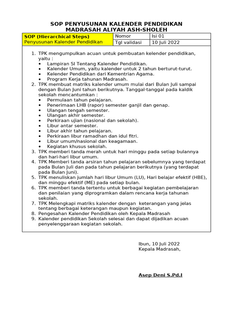 Sop Penyusunan Kalender Pendidikan | PDF