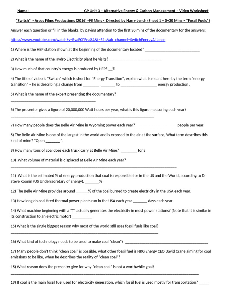 G9 Unit 3 Switch Video PT 1worksheet | PDF | Coal | Petroleum