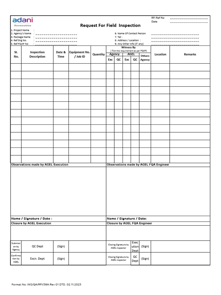 RFI Field Inspection Request Template | PDF