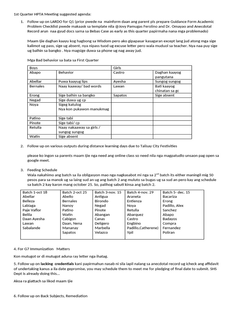 1st Quarter HPTA Meeting Suggested Agenda | PDF