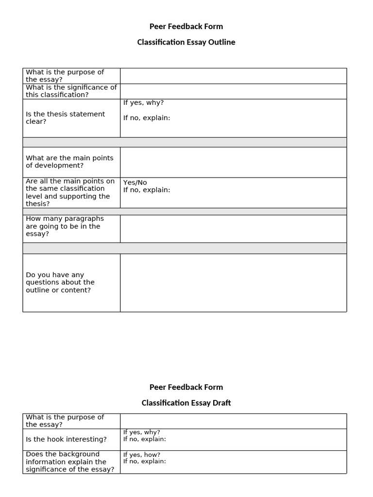 Peer Feedback Form-Classification Outline Essay 2 | PDF