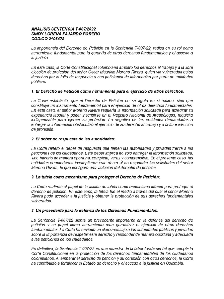 Analisis Sentencia T-007-2022 | PDF | Petición | Gobierno