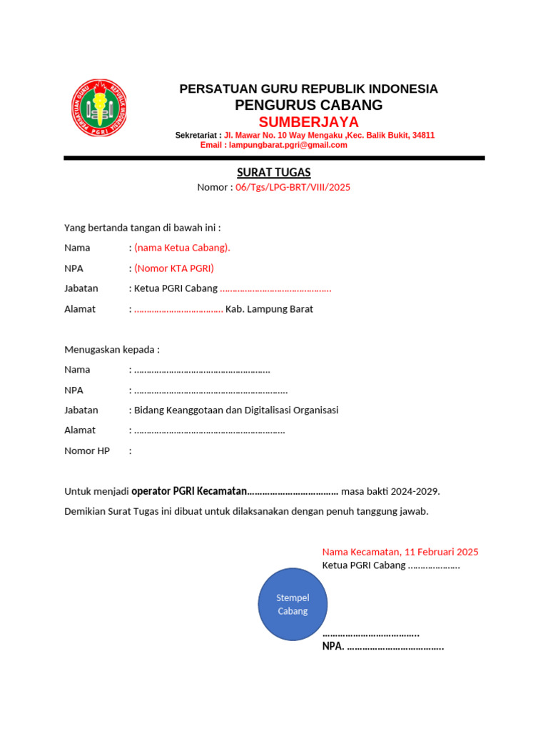 Format SURAT TUGAS OPERATOR PGRI | PDF