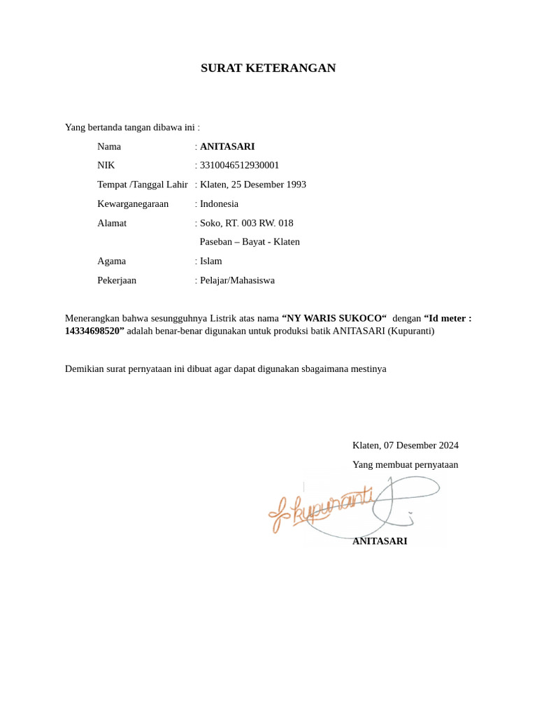 SURAT Pernyataan Listrik | PDF