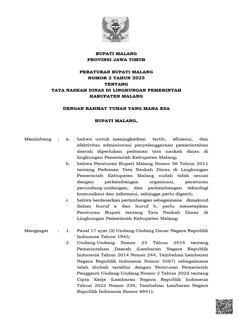 Perbup 2 Tahun 2025 TTG Tata Naskah Dinas Di Lingkungan Pemerintah ...