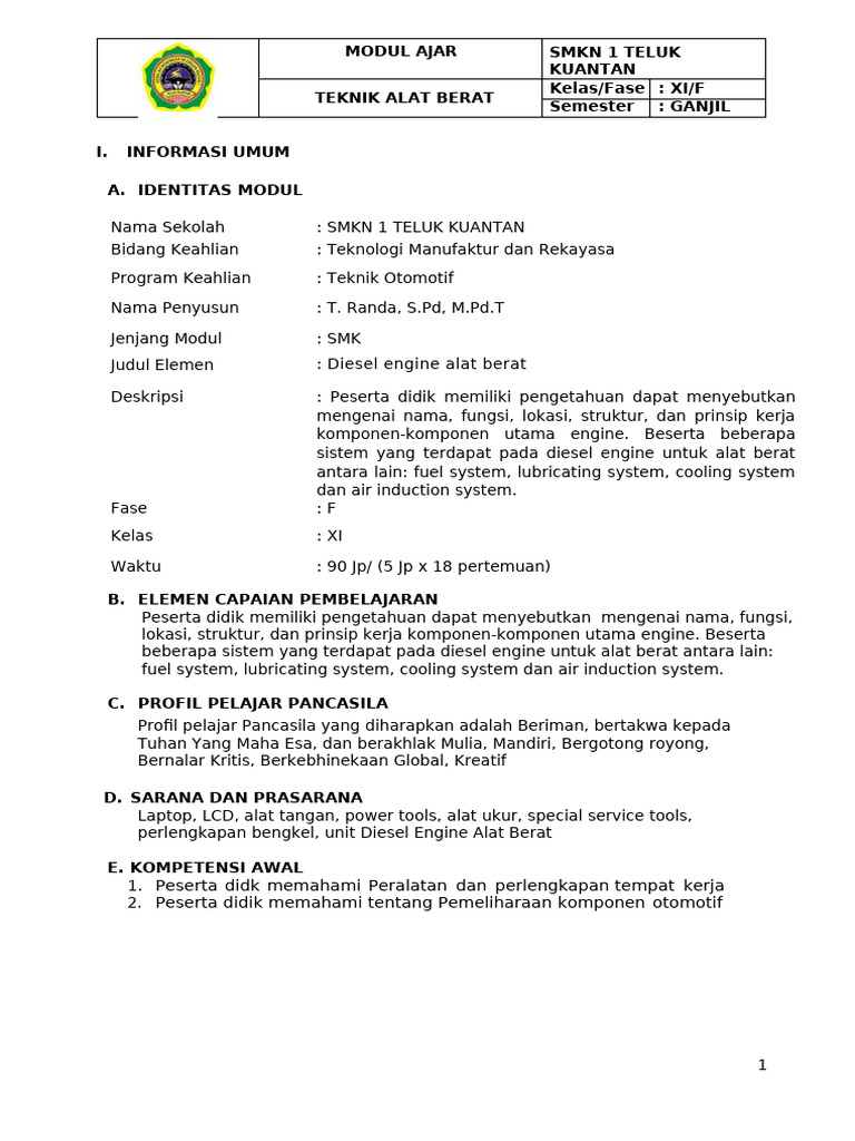 MODUL AJAR Diesel Engine Alat Berat | PDF