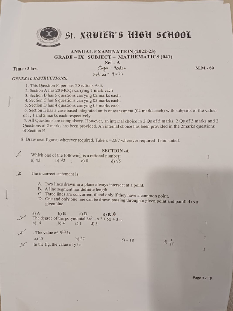Math IX Xavier's 2022-23 | PDF