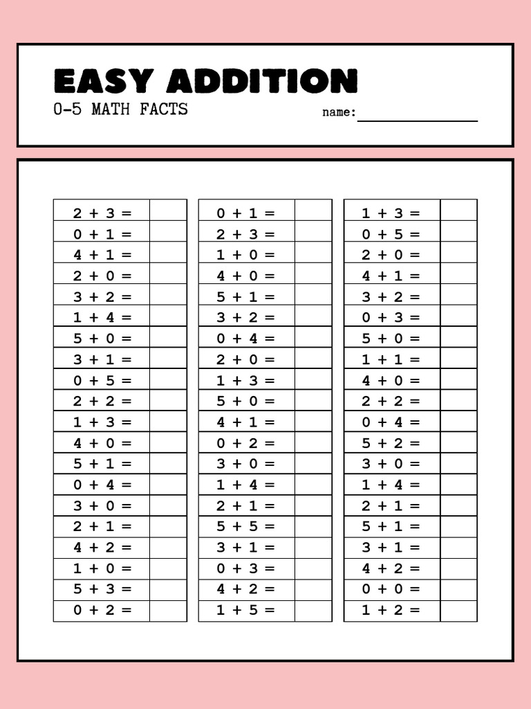 Addition 0-5 Math Worksheet in White Pink Red Simple Style | PDF