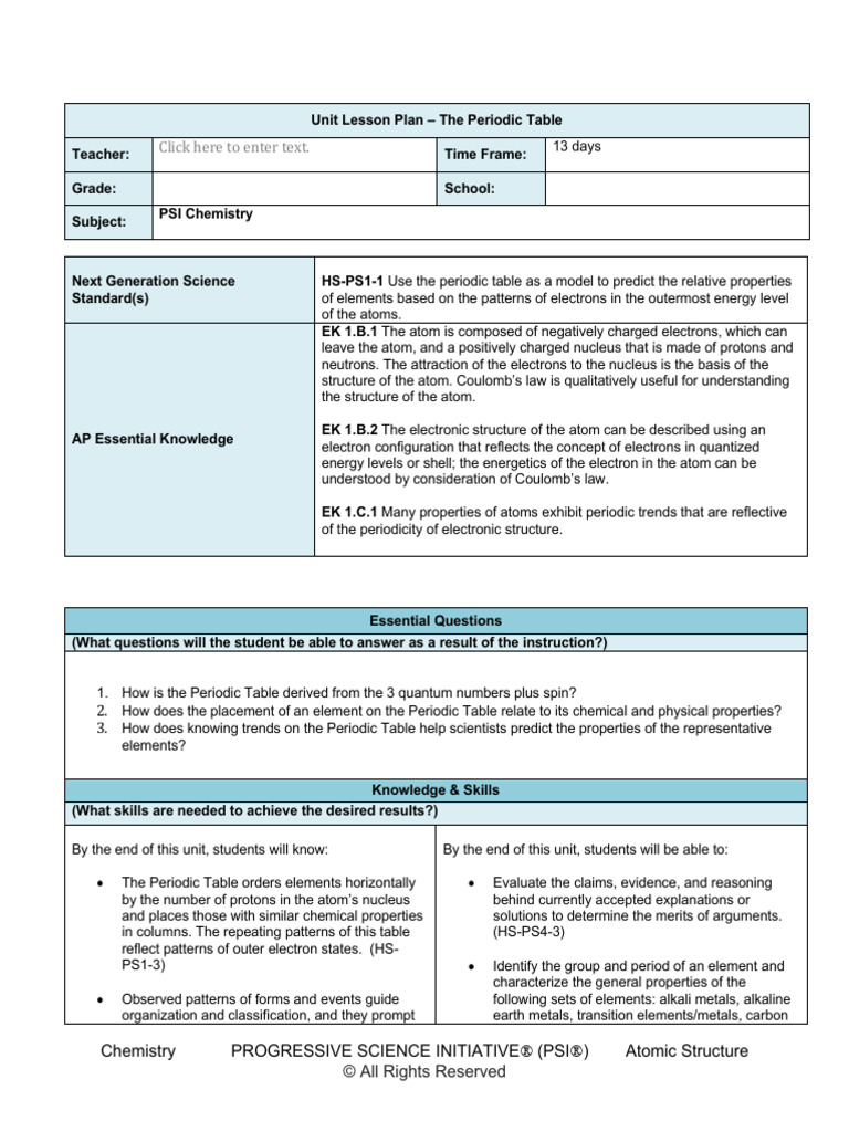 Chem - The Periodic Table Unit Plan - 2022 03 02 | PDF | Periodic Table ...