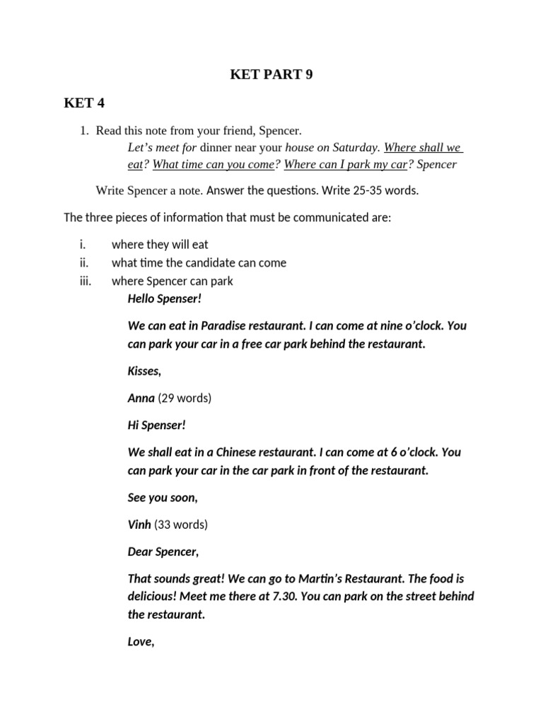 KET Part 9: Writing Friendly Notes | PDF