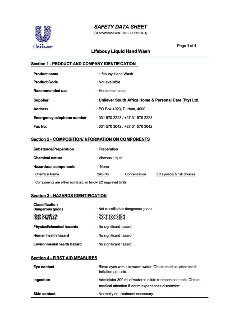 Lifebuoy Liquid Hand Wash Safety Data | PDF | Chemistry | Materials