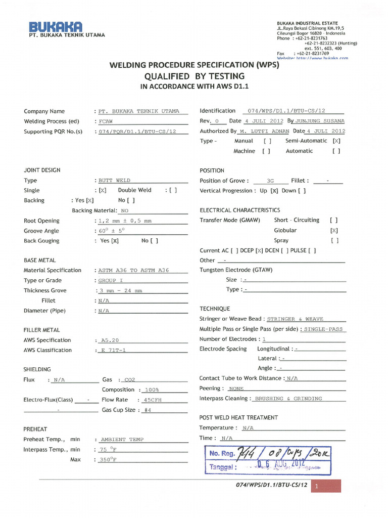 WPS PQR 074 (Fcaw) | PDF