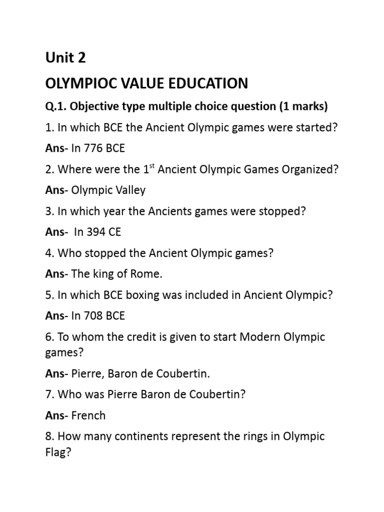 Olympic Games History and Values Quiz | PDF | Olympic Games | Multi ...