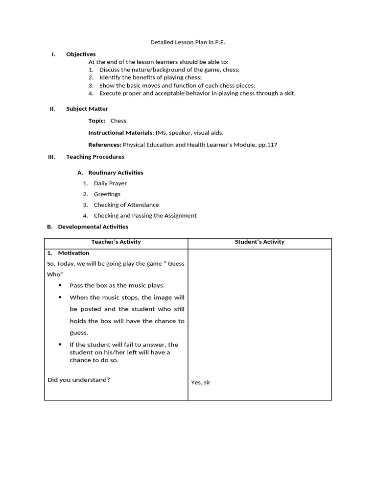 Detailed Lesson Plan P E 8 Chess | PDF | Lesson Plan | Chess