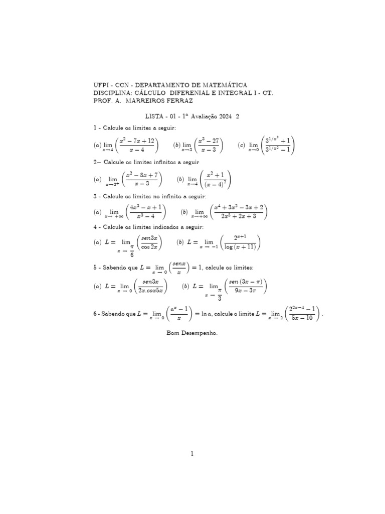 Calc Dif, e Integral I - Lista 01 - 2024 - 1 | PDF