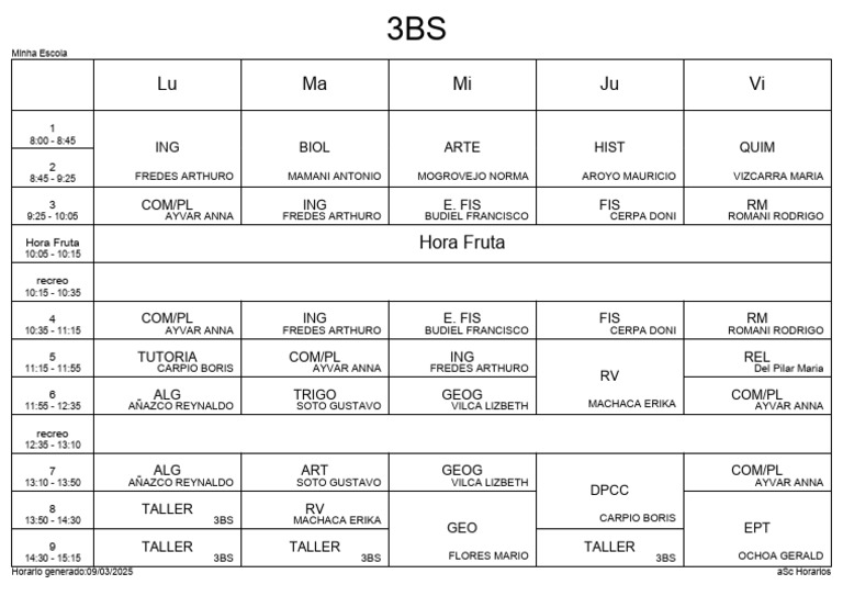 Horario Escolar 3BS 2025 | PDF