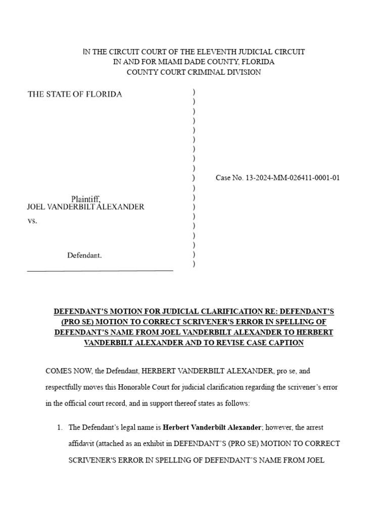 Motion for Judicial Clarification Re Motion to Correct Scrivners Error ...