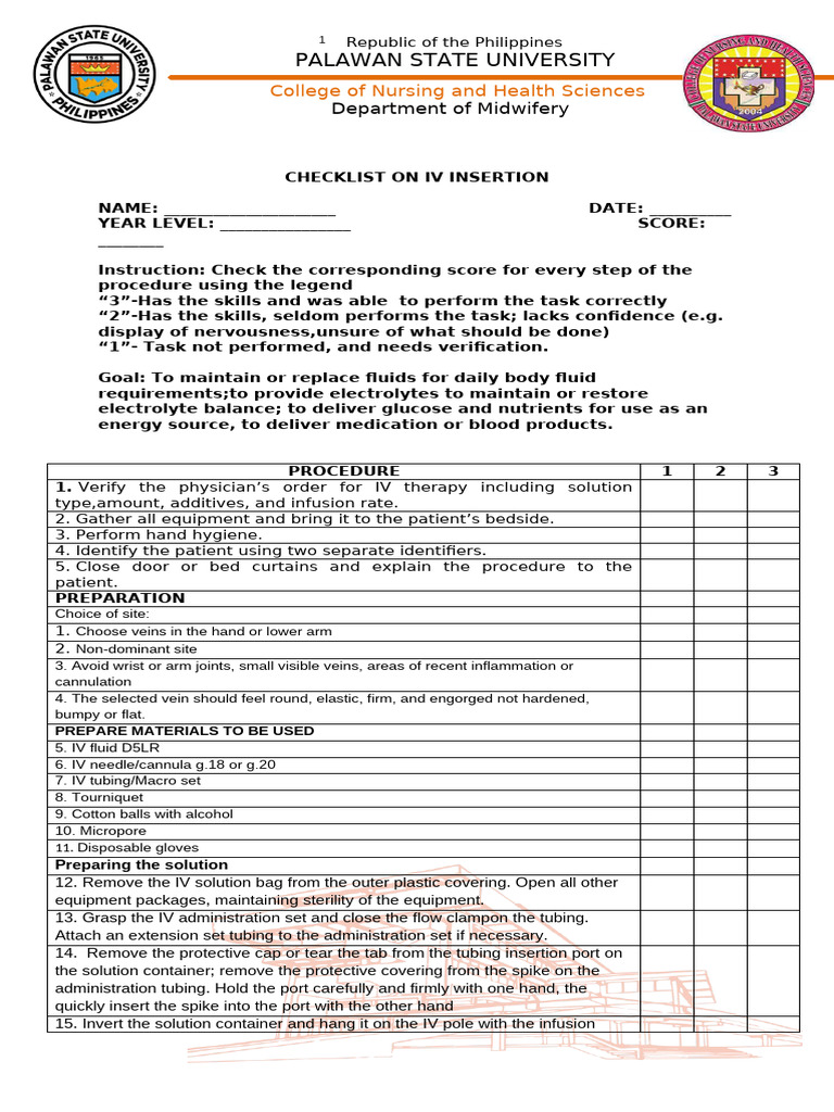 IV Checklist.2024 | PDF | Intravenous Therapy | Medical Specialties
