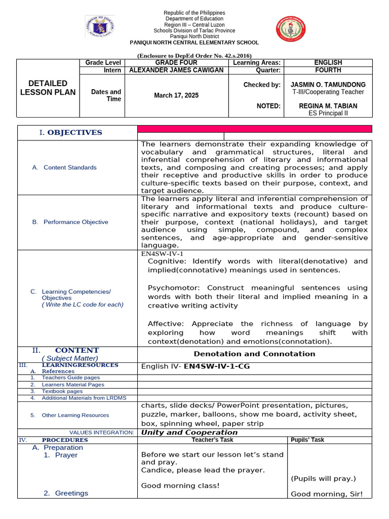 Denotation and Connotation Lesson Plan | PDF | Reading Comprehension ...