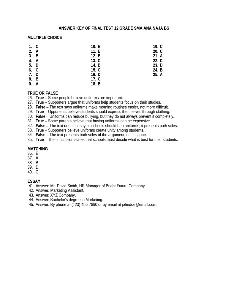 Answer Key of Final Test 12 Grade Sma Ana Naja BS | PDF