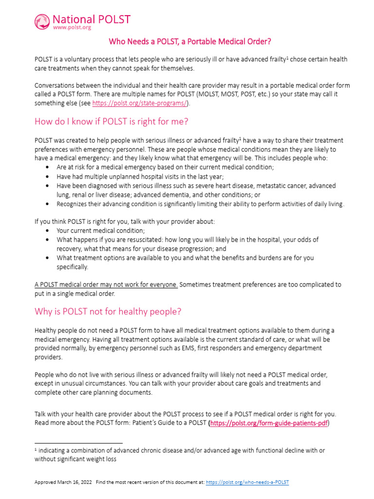 2022.03.16 Who Needs A POLST Form | PDF | Medical Specialties ...
