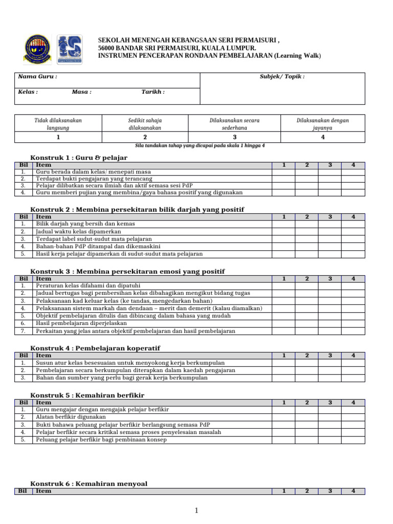 Borang Learning Walk | PDF