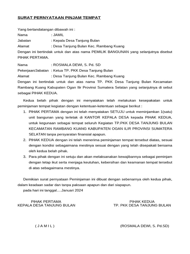 Surat Pernyataan Pinjam Tempat | PDF