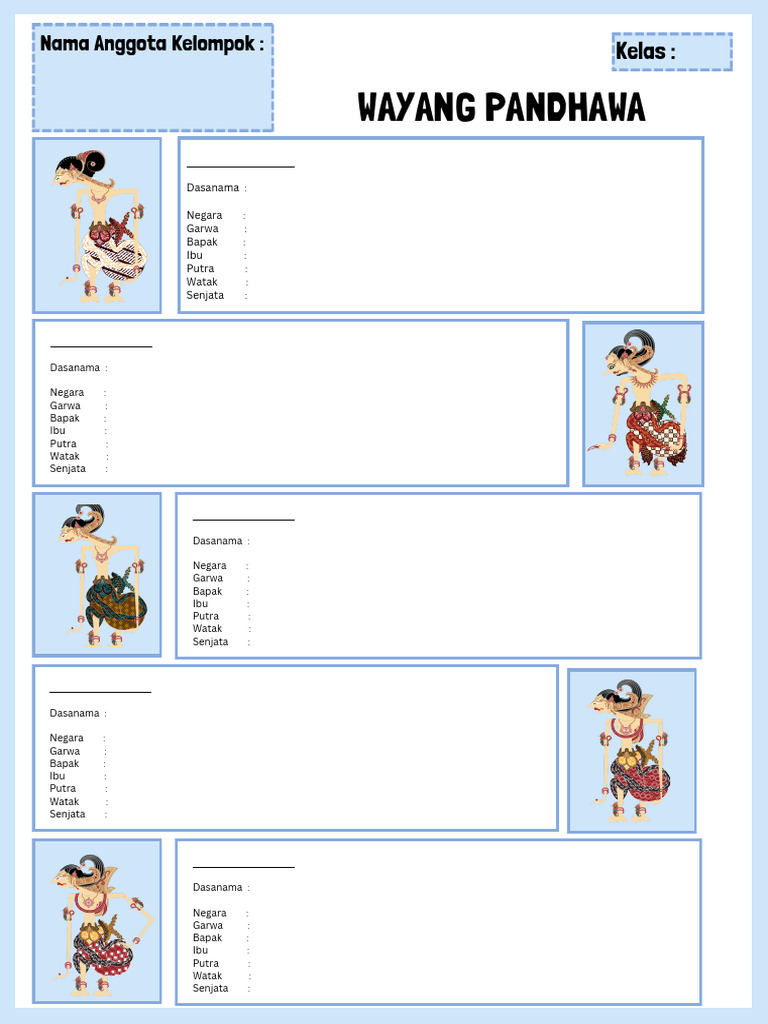 Lembar Kerja Bahasa Jawa Wayang Biru Putih Ilustratif | PDF