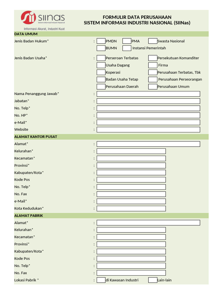Formulir Data Perusahaan Siinas | PDF
