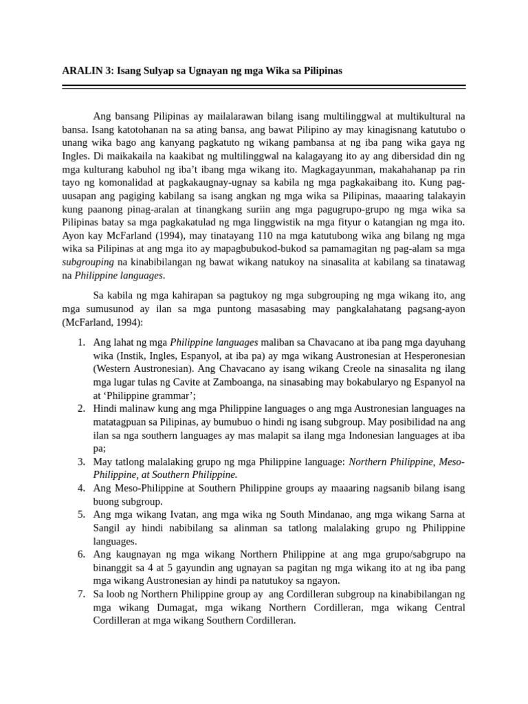 ARALIN 3 - Isang Sulyap Sa Ugnayan NG Mga Wika Sa Pilipinas | PDF