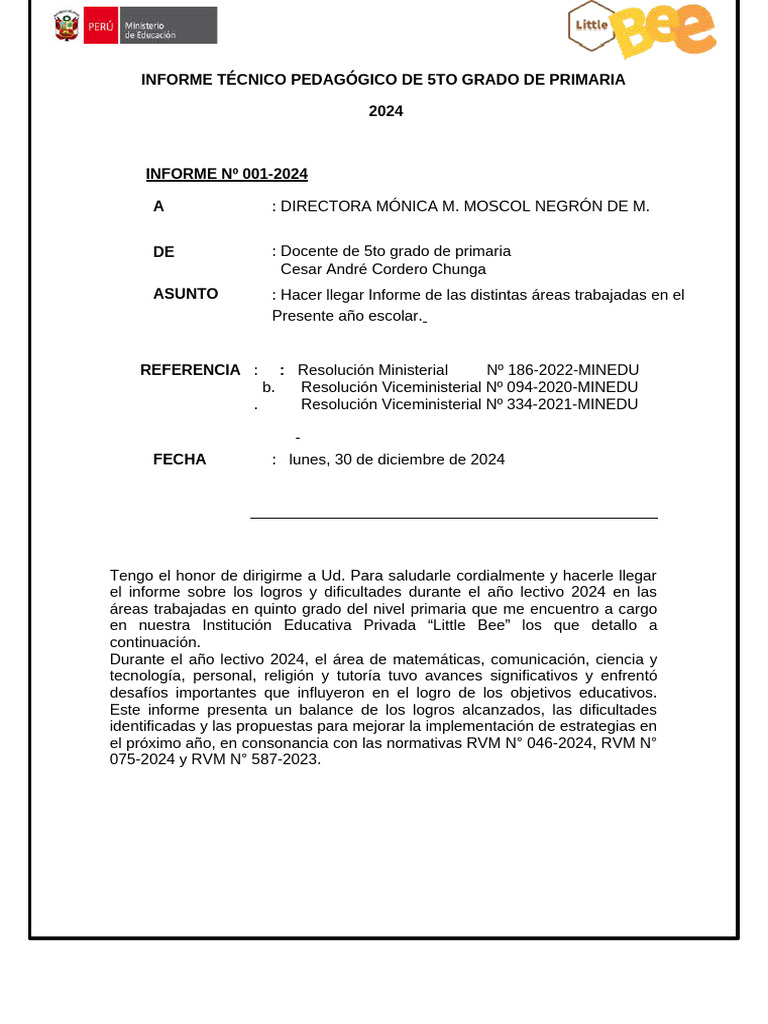 Informe Técnico Pedagógico 2024 5to A | PDF | Verbo | Perú