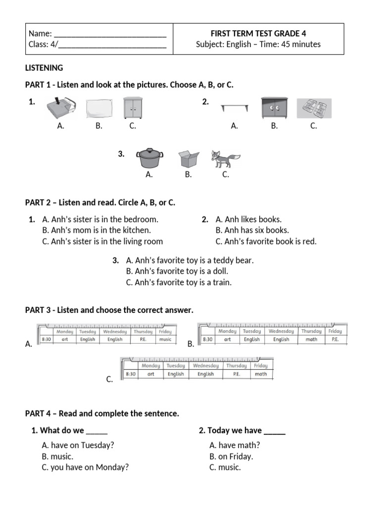 GRADE 4 - Review for 1st term test 1 | PDF