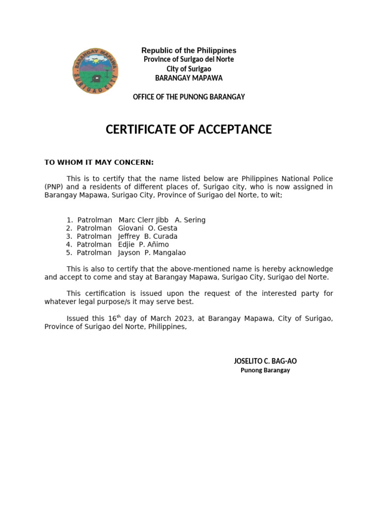 CERTIFICATE of ACCEPTANCE | PDF