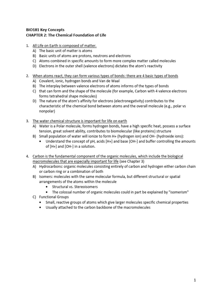 BIO181 - Ch. 2 - Key Concepts | PDF