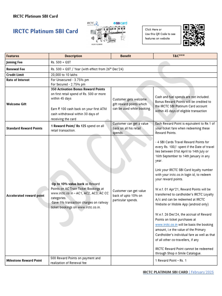 IRCTC Platinum SBI Card February 2025 | PDF | Loyalty Program | Credit Card