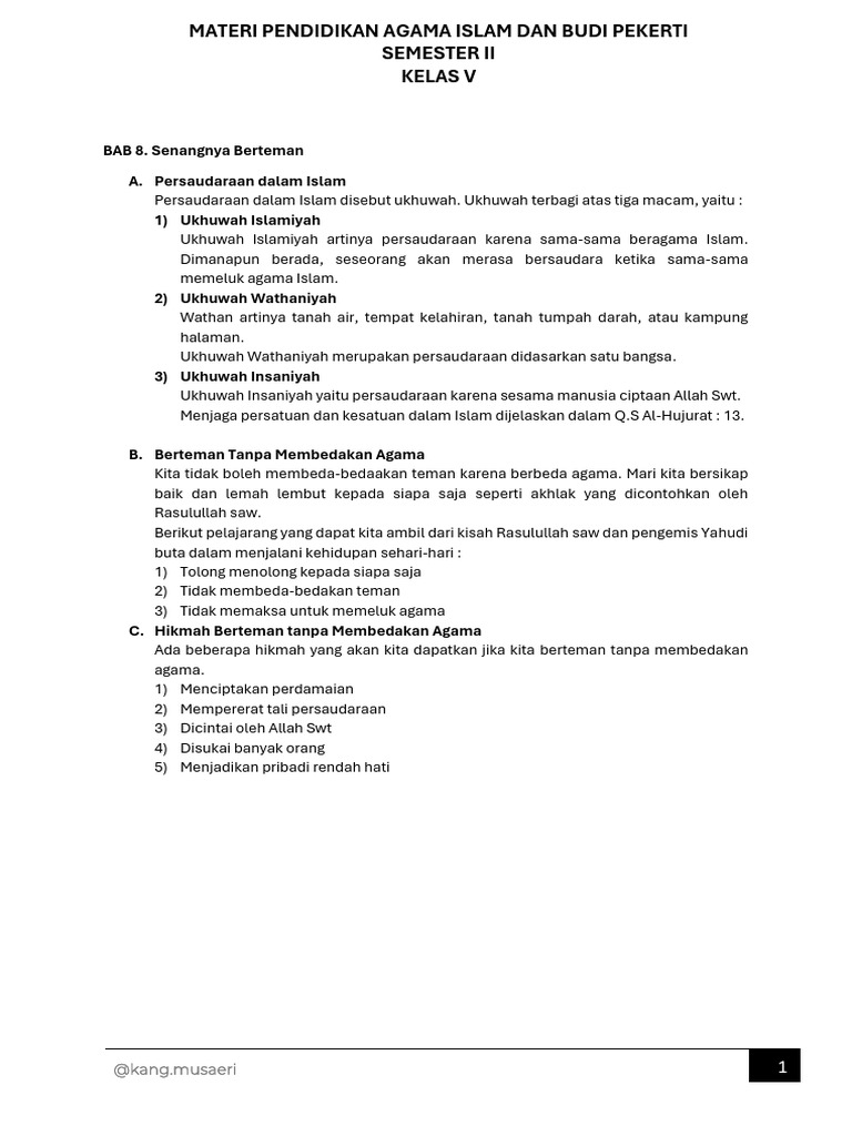 Materi PAI & BP Kelas V Bab 8. Senangnya Berteman | PDF