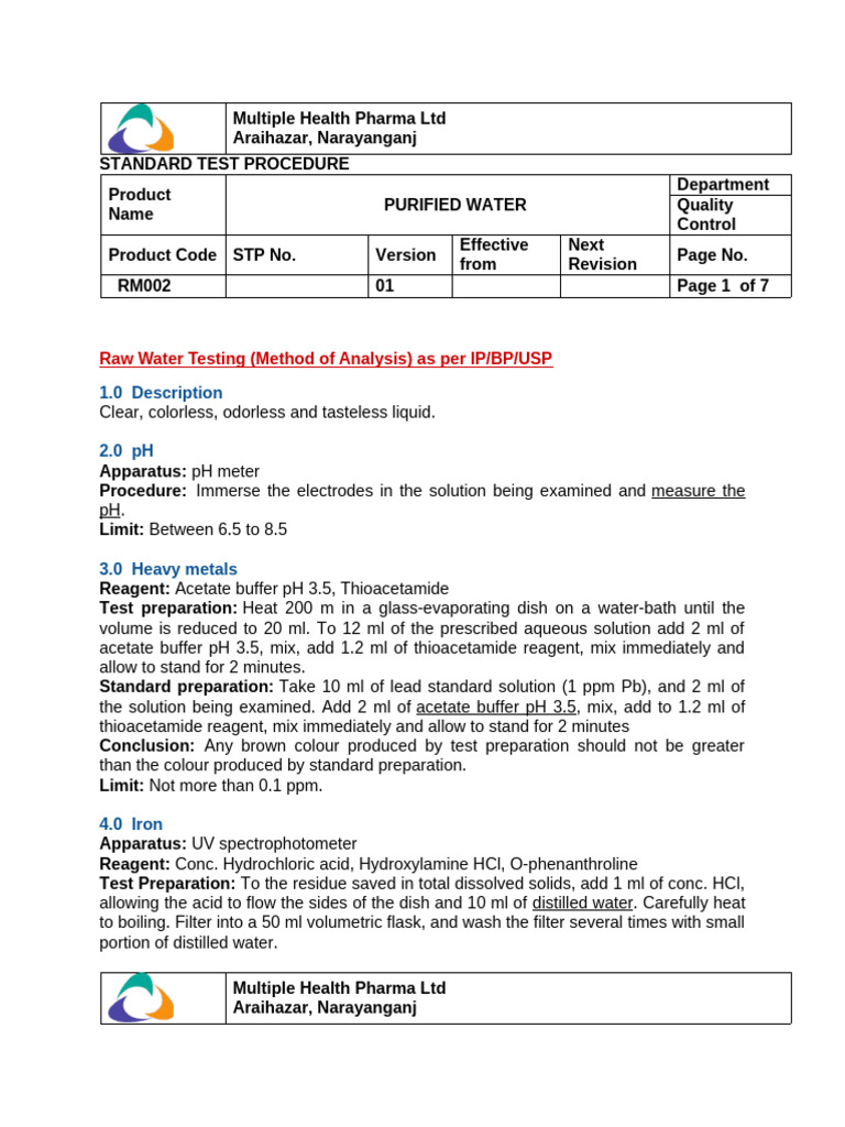 Raw Water Testing Procedure | PDF | Colony Forming Unit | Ph