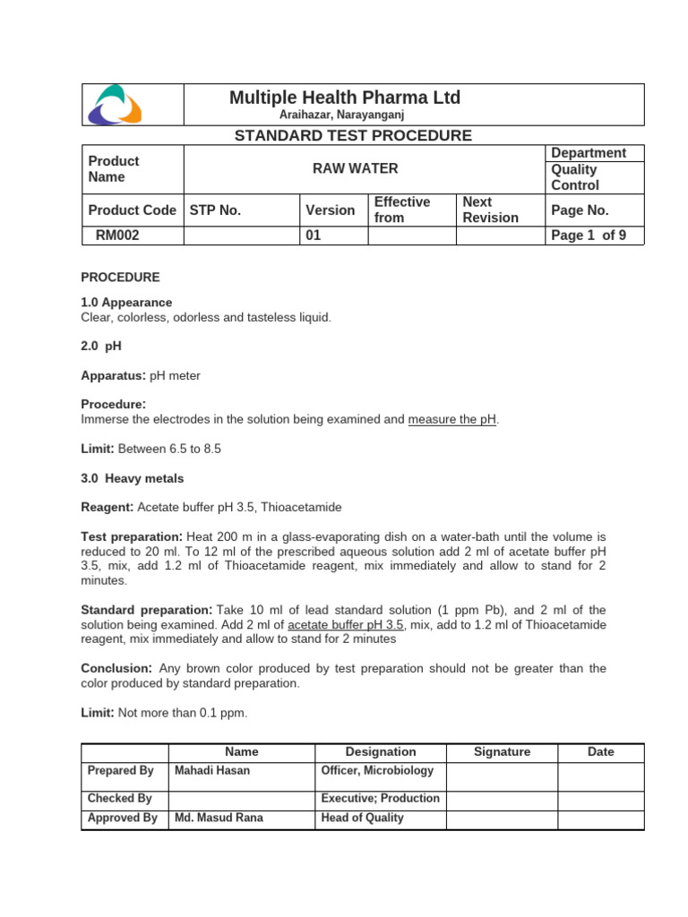 Raw Water Testing Procedure Up | PDF | Colony Forming Unit | Ph