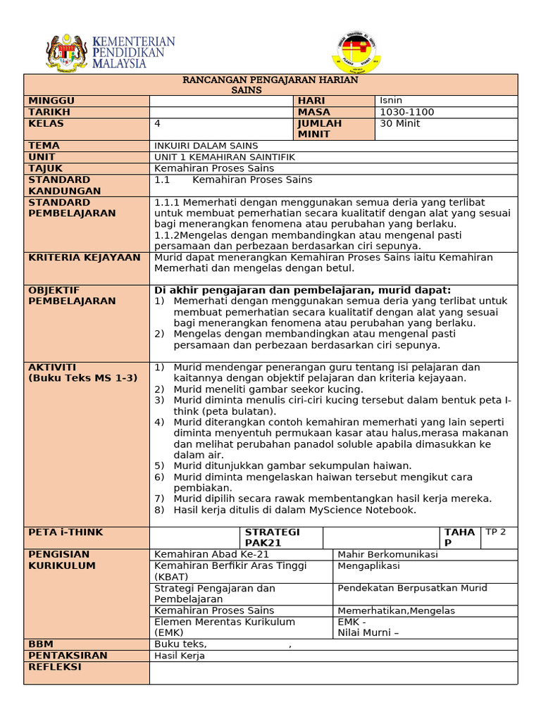 Rancangan Pengajaran Kemahiran Sains | PDF