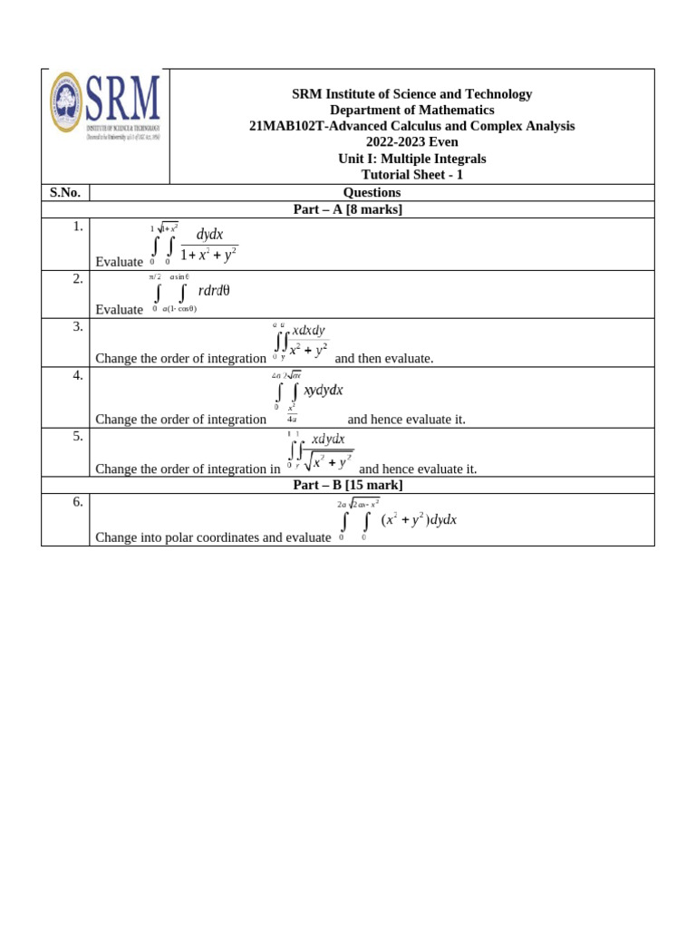 Advanced Calculus: Multiple Integrals Tutorial | PDF