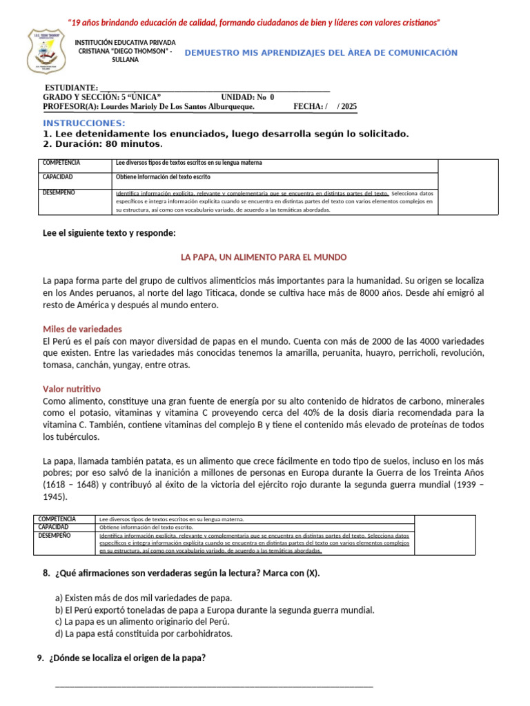 Evaluaciòn Diagnóstica Plan Lector 2025-Quinto 2025 | PDF | Patata | Coccinellidae