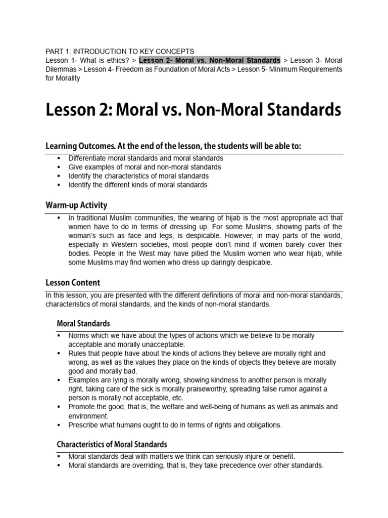 Lesson 2 Moral Vs Non Moral Standards | PDF | Morality | Social Psychology