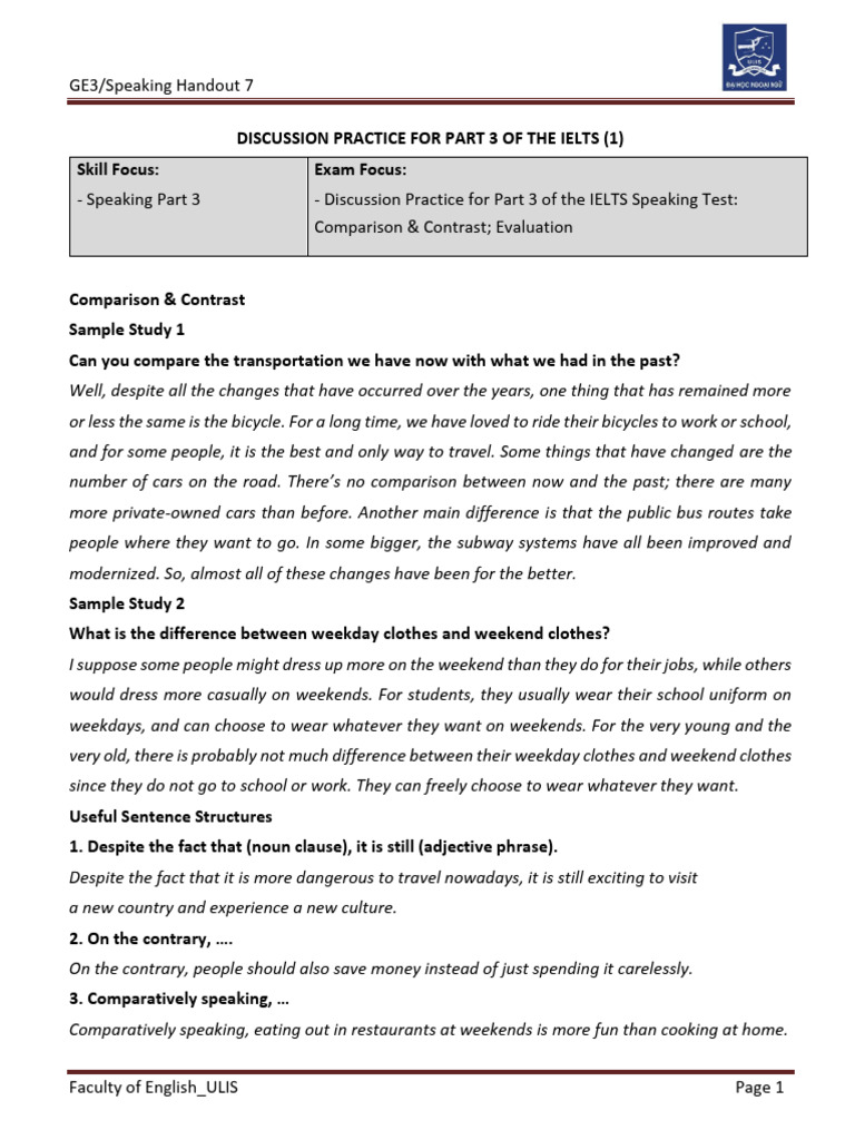 GE3 - Speaking Handout 7 - Sts | PDF | Adjective | Syntax